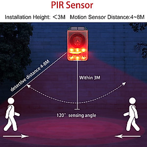 Solar Motion Detector Alarm Light,WONFAST 130db Sound Warning Security Strobe Siren Light,Gunshot Dog Barking Sound & Recording 20s Custom Message for Farm Villa Barn Yard Chicken Coop (1PCS)