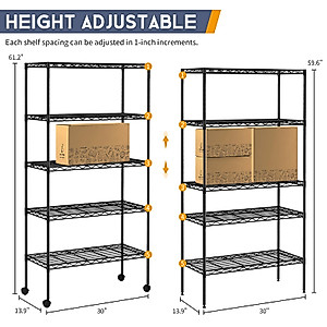 YYkokocat 5-Tier Wire Shelves 61" H x 30" x 14" Metal Storage Shelves Adjustable Wire Shelving Rack with Wheels & Leveling Feet NSF Metal Shelf Unit for Kitchen Pantry, 1200Lb Capacity, Black