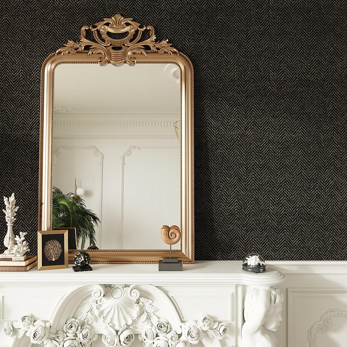 CRE8TIVE 24"x118" Black Gold Grasscloth Textured Wallpaper - Stick and Peel Fabric Linen Herringbone Removable Wallpaper - Self Adhesive Metallic Black Contact Paper for Bedroom Cabinets Walls