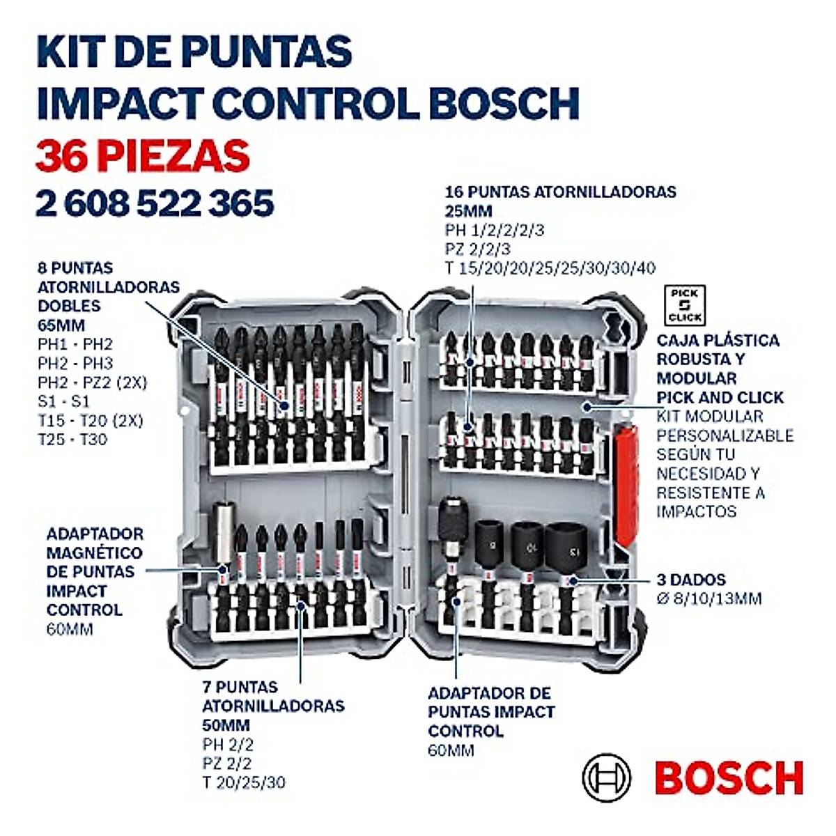 Bosch Professional 36 pieces Impact driver Bit Set (Impact Control, Pick and Click, Accessories for Impact Drivers)