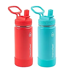 ThermoFlask 16oz Stainless Steel Water Bottle, 2-Pack, Red and Aquamarine