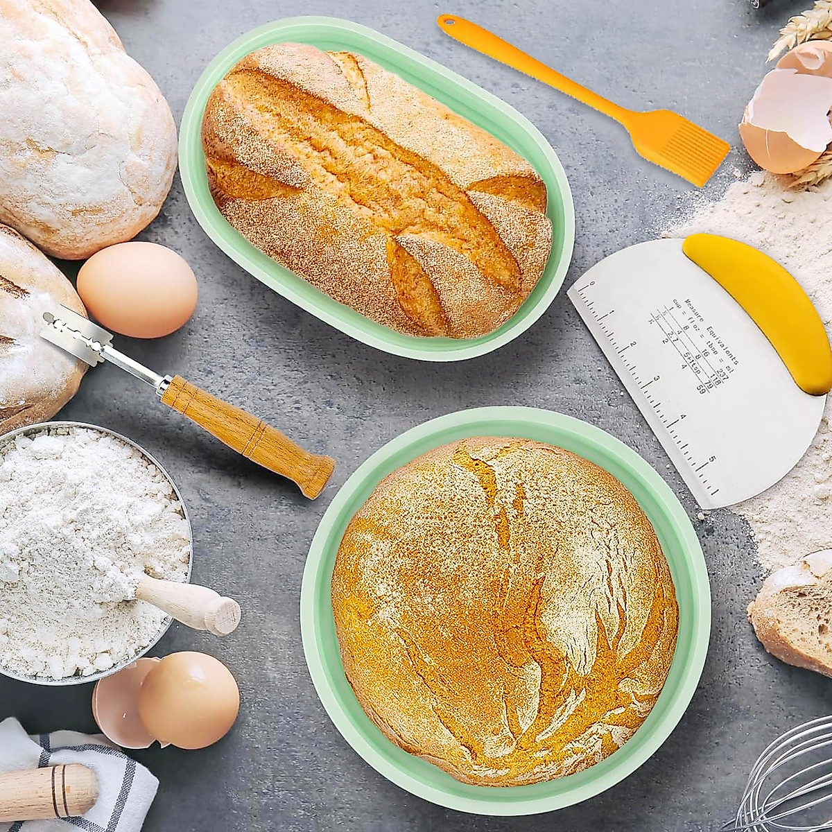 Dimpola Banneton Bread Proofing Baskets - 9 Inch Round & 10 Inch Oval Foldable Silicone Sourdough Baking Basket, Complete Set for Bread Making With Essential Tools, Easy to Clean and Storage