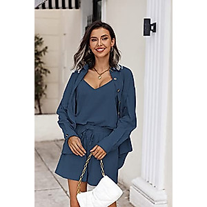 Zeagoo Womens 3 Piece Linen Set Button Down Blouse V Neck Tank Tops High Waisted Cotton Shorts Elastic Waistband