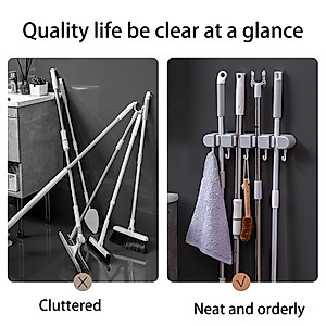 Broom and Mop Holder Wall Mount, 5 Hooks and 4 Slot, Adhesive Garden Tool Rack Organizer for Closet Garage Laundry Room, Anti-Slip Hanger for Brooms, Mops, Rakes, Dustpans, 13 x 2.2 x 1.8 inches