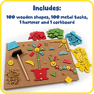 READY 2 LEARN Tack A Tile - Wooden Hammer Toy for Kids Aged 4 and up - 100 Shapes - Big Corkboard - Kid-Friendly Tacks - Foster Imagination, Fine Motor Skills and Reasoning