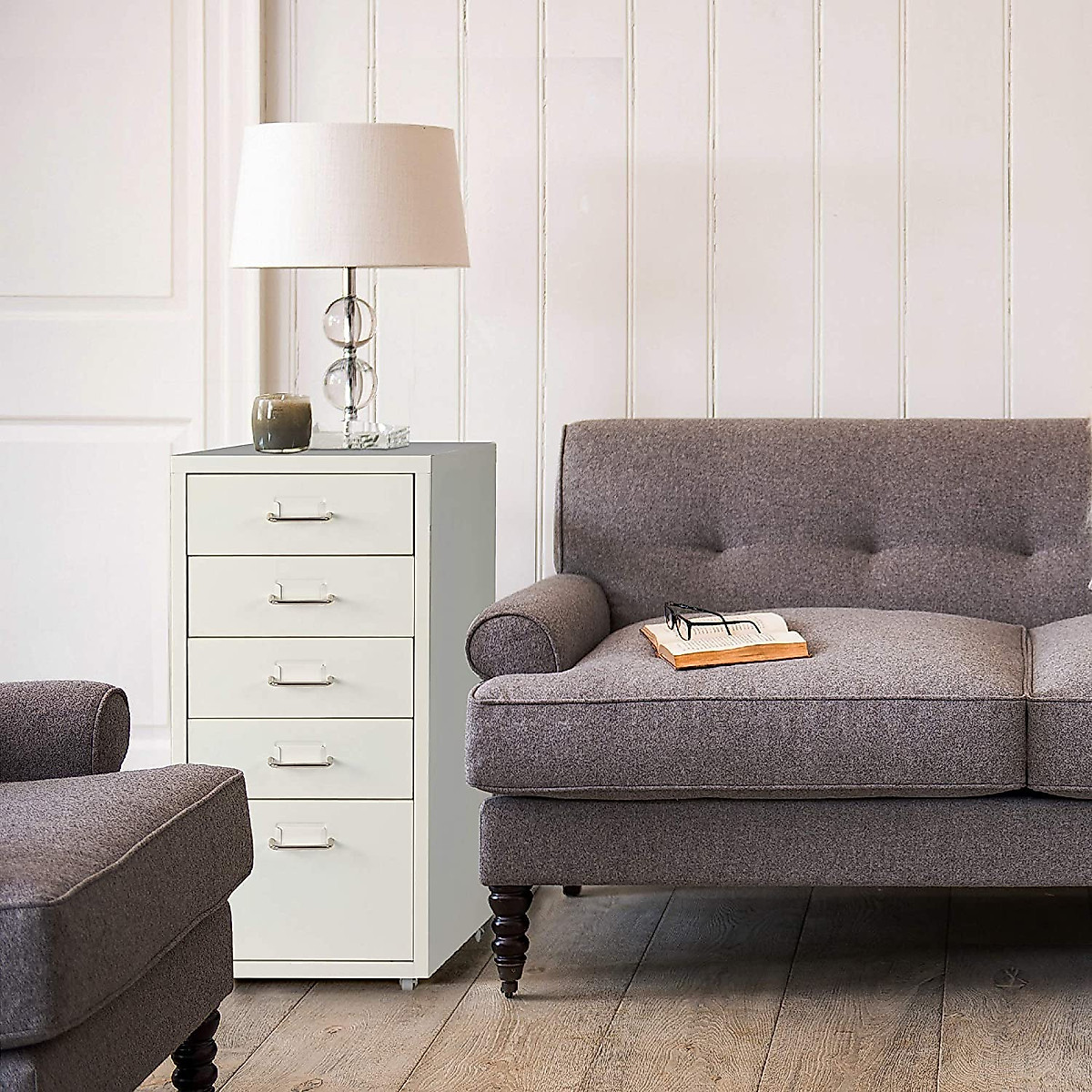 Vilobos 5 Drawer Chest, Vertical Storage File Cabinet on Wheels for Home Office Metal (Creamy-White)