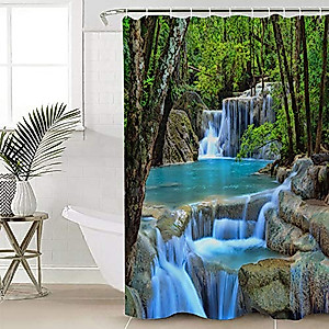 Prime Leader 4 Pcs Shower Curtain Set with 12 Hooks, Mountain Waterfall Tree Landscape Bathroom Decor Sets with Non-Slip Bath Mat Toilet Lid Cover, Durable Waterproof Shower Curtain and Rugs Set