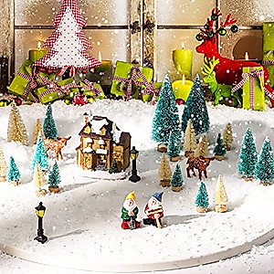 Yerliker 28 Pieces Christmas Mini Miniature Village Accessories Artificial Trees Street Lamps Santa Snow Houses Elk for Miniature Scenes Village Displays (Lake Blue and Beige,Gnome Style)