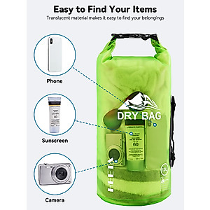 HEETA Dry Bag Waterproof for Women Men, Roll Top Lightweight Dry Storage Bag Backpack with Phone Case for Travel, Swimming, Boating, Kayaking, Camping and Beach (Transparent Lemon Green, 10L)