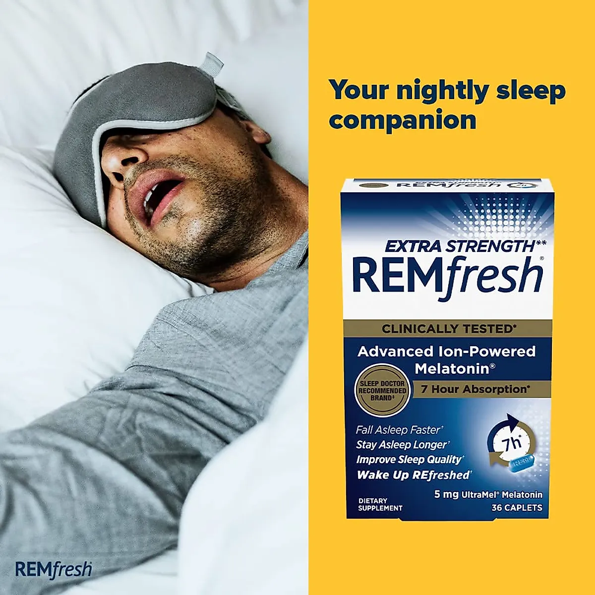 REMfresh Extra Strength 5mg Melatonin Sleep Aid Supplement (36 Caplet) | Sleep Supports Immune Function | #1 Doctor Recommended | Pharmaceutical-Grade, Ultrapure Melatonin