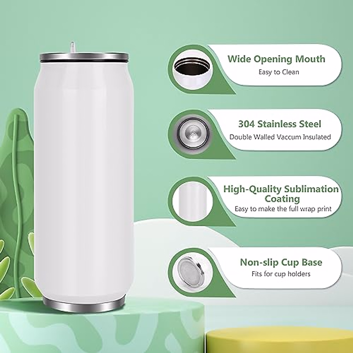 MultiOutools 4 Pack Sublimation Tumblers Blanks Cans, 16oz Stainless Steel Tumbler with Plastic Straw, Double Wall Insulated Beer Cans Cups for Tumbler Heat Press Machine Sublimation Printing