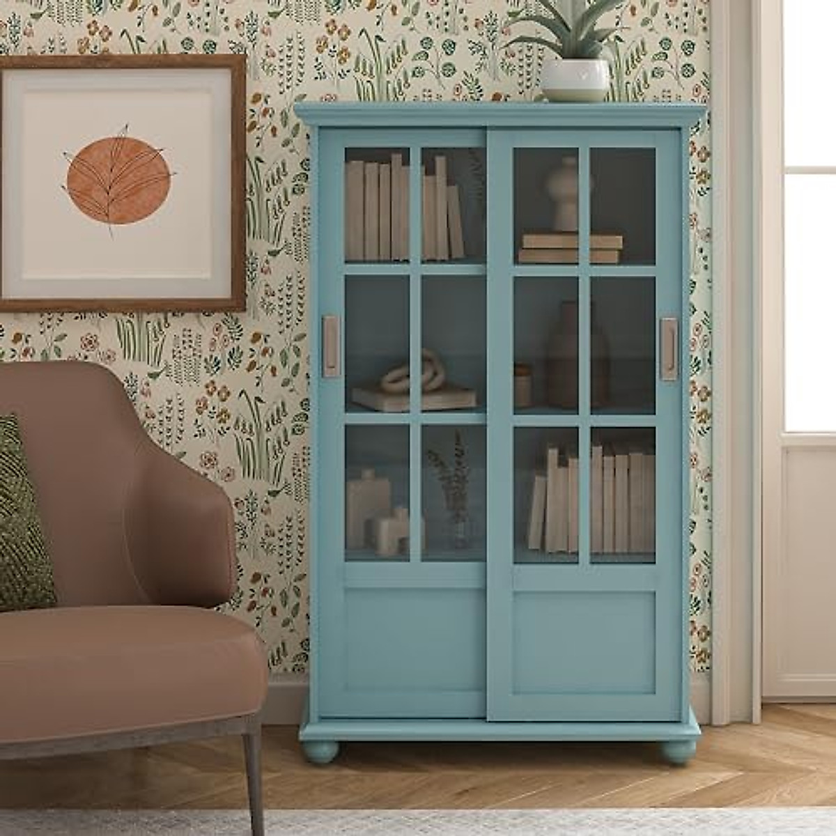 Ameriwood Home Aaron Lane Bookcase with Sliding Glass Doors, Pale Blue