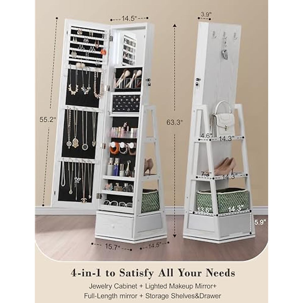 Nicetree 360° Swivel Jewelry Cabinet with Lights, Touch Screen Vanity Mirror, Rotatable Full Length Mirror with Jewelry Storage, Standing Jewelry Armoire Organizer, Foldable Makeup Shelf, White