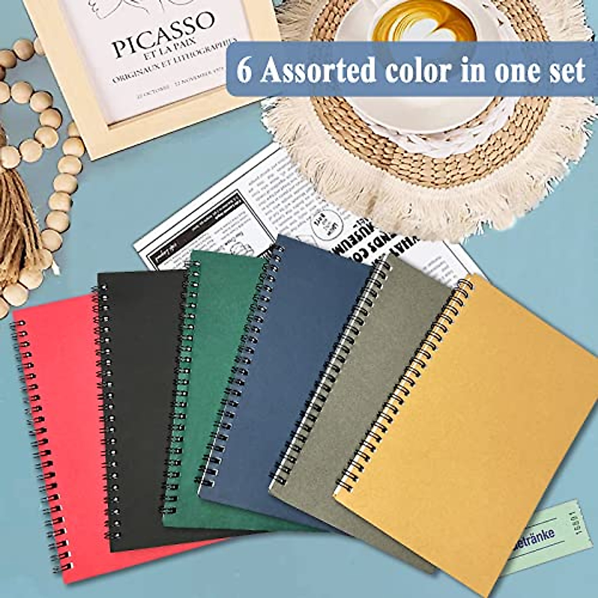 GINMLYDA Small Spiral Notebook 6Pack, 120 Lined Pages 8.25x5.50 Inches Spiral Journal Kraft Cover Notebooks & Writing Pads for School Home Office Aesthetic Sketch Drawing Note