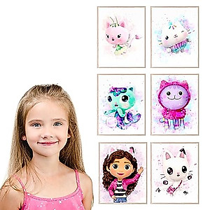 BigWigPrints Gabby Dollhouse Poster - Gabby Dollhouse Room Decor, Party Decorations, Birthday Decorations, Girls Bedroom Wall Decor, Kids Room Wall Art, Cartoon Characters - Unframed Set of 6 (8x10")