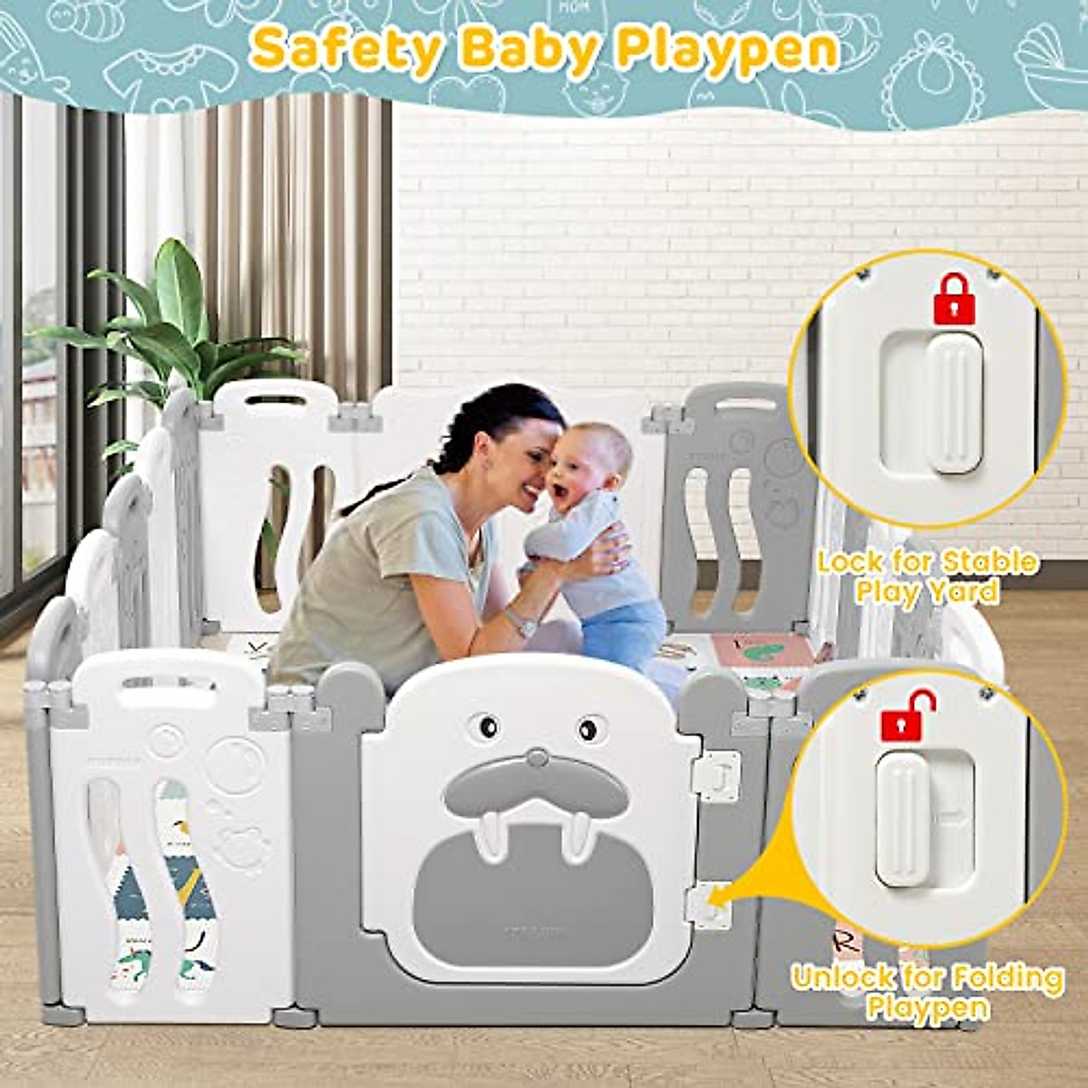 Baby Playpen, Ronipic Foldable Baby Playpen for Babies and Toddlers, Sturdy Safety Baby Fence with Gate, Kids Activity Centre,Shape Adjustable, Large Baby PlayYard with Anti-Slip Base (16 Panels)