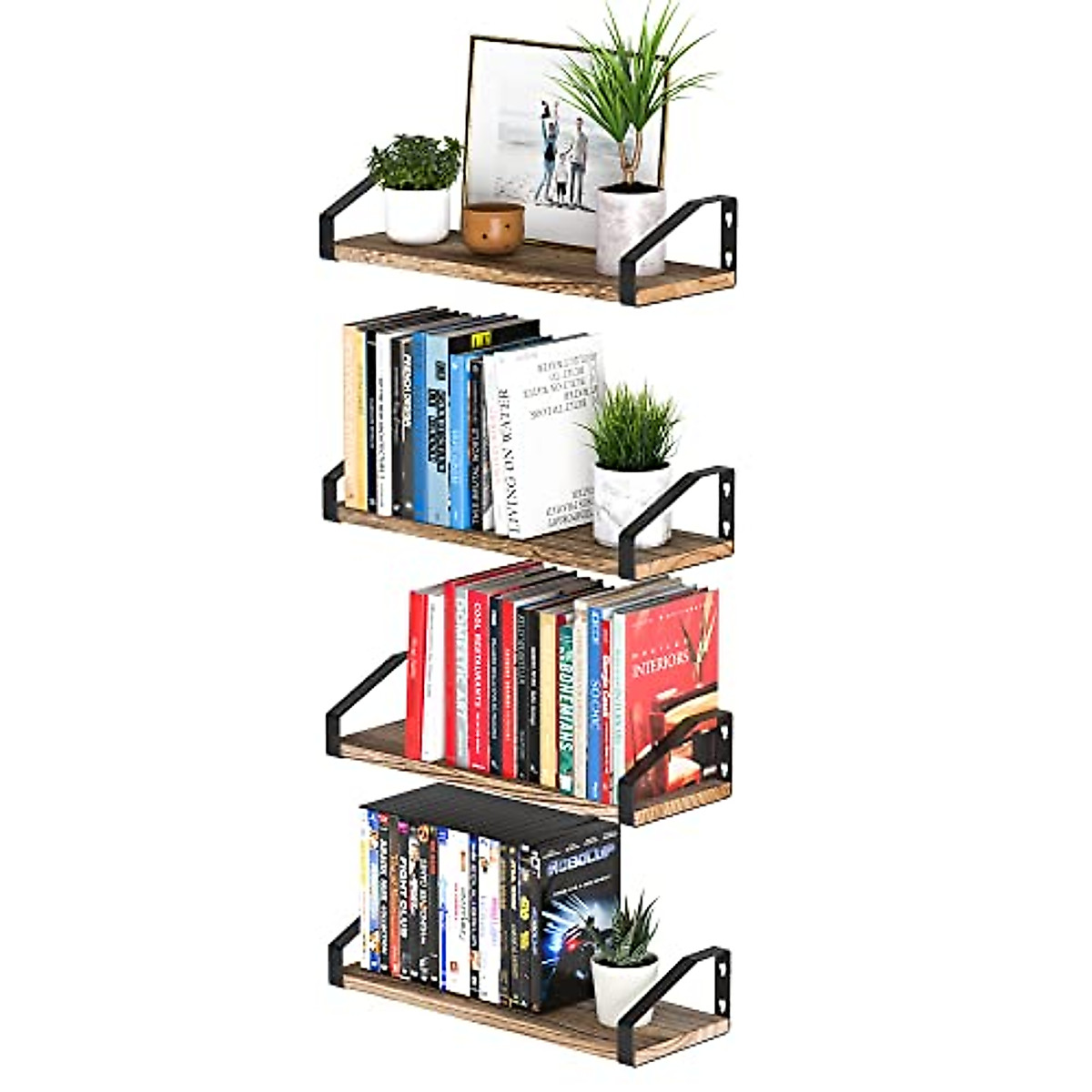 Wallniture Braga Floating Shelves for Wall Decor, Bookshelf Living Room Decor, Bathroom Organizer & Wall Shelves, Kitchen Organization, Burnt Finish Set of 4