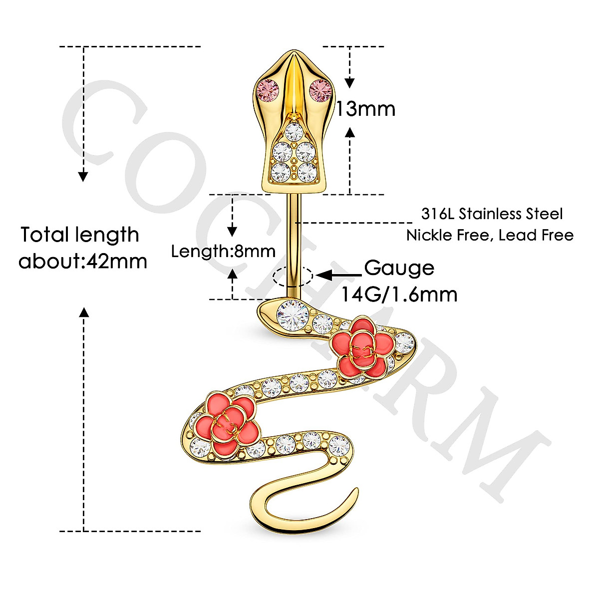 COCHARM Gold Snake Belly Button Rings for Women 14g Snake Navel Rings Gold Surgical Steel Belly Navel Piercing Jewelry