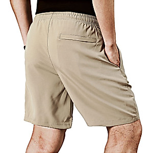 EXEKE Men's Quick Dry Running Shorts Lightweight Gym Workout Shorts with Zipper Pockets 252-3XL/Khaki 34-36