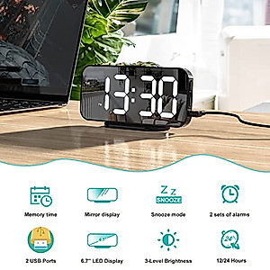 EDUP LOVE Digital Alarm Clocks, LED Mirror Electronic Clock, Snooze Mode, 12/24H, Adjust Brightness, Modern Desk & Wall Clocks for Bedroom Living Room Office - Black