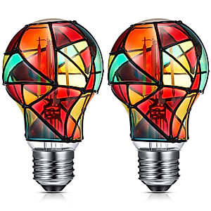 Baquler 2 Pcs Stained Glass LED Light Bulb E26 Base Colorful Lightbulb 120V Flickering Lightbulb Bulbs for Christmas Xmas Home Balcony Garden Party Decoration (A60)