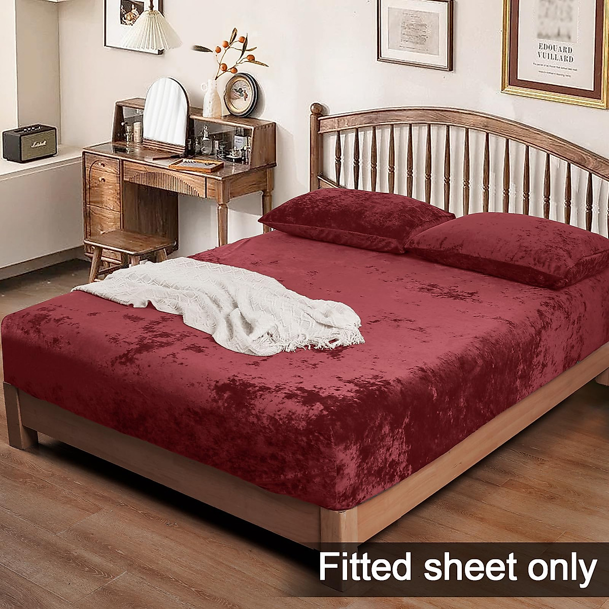 PHF Truly Velvet Fitted Sheet Only Twin Size, Christmas Luxury Super Soft Cozy Comfy Fleece Bottom with 15" Deep Pocket, Suitable for Fall Winter and Spring, No Pillowcases, Wine Red