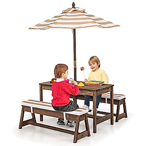 HONEY JOY Kids Picnic Table, Outdoor Wooden Table & Bench Set w/Removable Cushions and Umbrella, Stripe Fabric, Children Backyard Furniture for Patio Garden, Gift for Toddler Boys Girls Age 3+(Coffee)