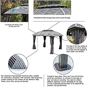Jaxenor 10'x12' Aluminum Double Roof Gazebo with Galvanized Steel Canopy - Hardtop Gazebo, Aluminum Frame Tent with Zippered Mosquito Netting and Privacy Sidewall - Black