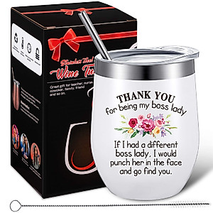 Boao Novelty Boss Gifts Thank You for Being My Boss Tumbler Birthday Mother's Day Coffee Mug Gift for Lady Women Bosses Female 12oz Insulated Vacuum Wine Tumbler with Straw Lid Brush