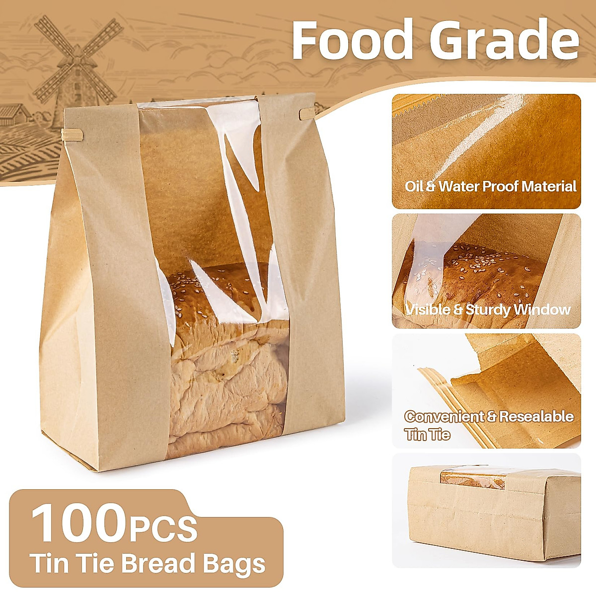 MAQIHAN 24 Bread Bags with Reusable Ties - Homemade Sourdough Bread Storage Bags Brown Paper Bagel Loaf Bakery Bags with Window Toast Bags with Resealable Ties Disposable Baked Goods Sale Packaging