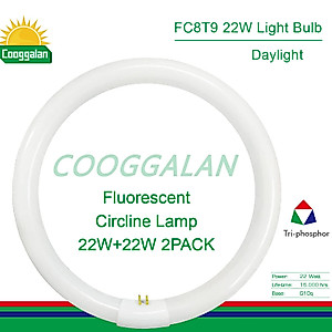 COOGGALAN 8 inch T9 22 Watts Round Light Bulbs FC8T9/DX Circular Fluorescent Light Bulb, FC8T9/DL 22W Circline Bulb, Daylight 6400K, G10q 4 Pin Prong Base, 2 Pack