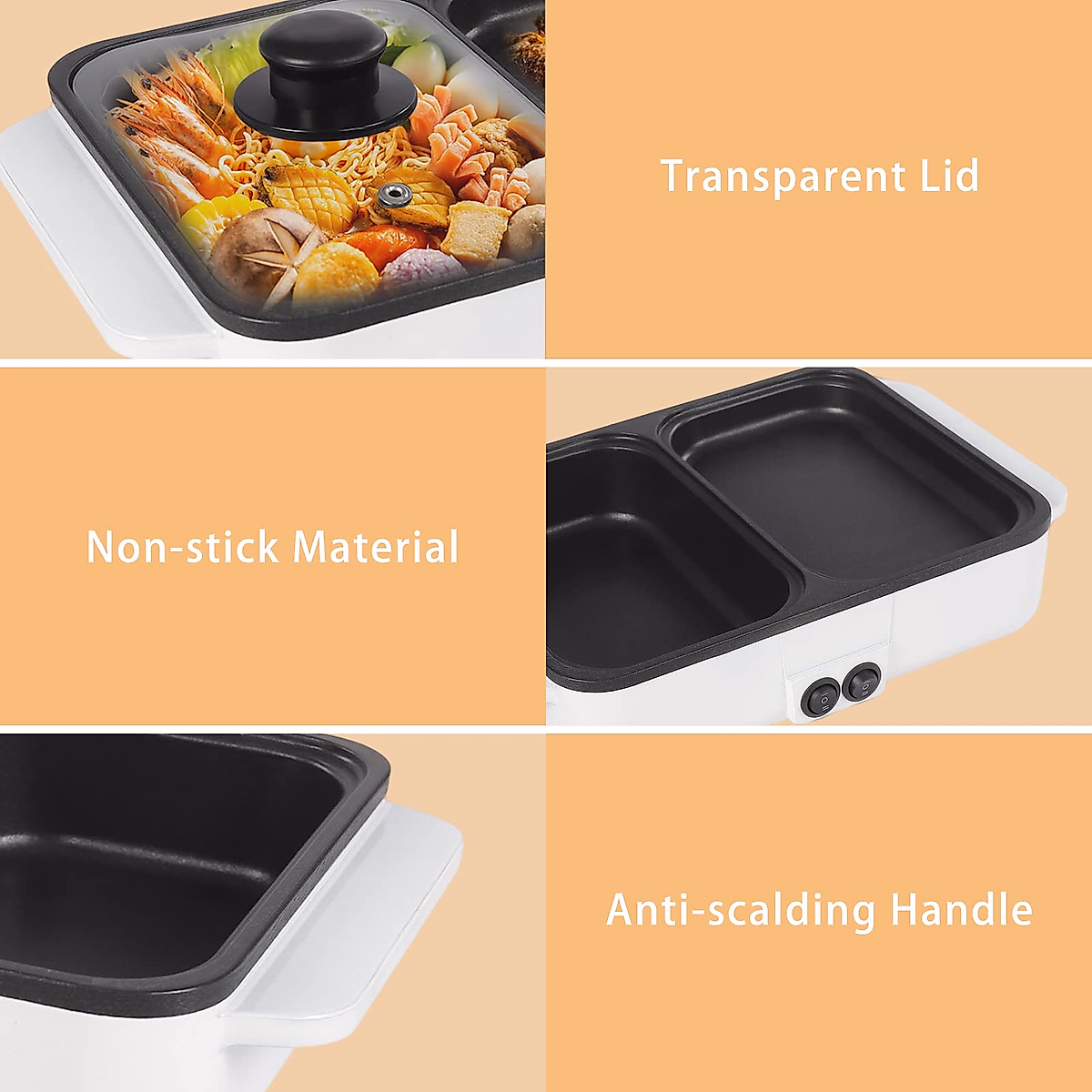 Hot Pot Electric with Grill, 2 in1 Indoor Non-Stick Shabu Shabu Pot & Frying Pan, Portable Mini Hot Pot Korean BBQ w/Individual Dual Temperature Control, 1-3 People (White)
