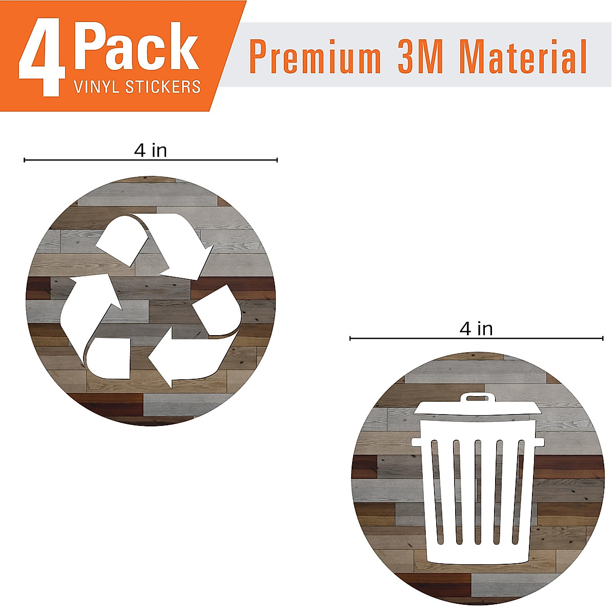 Recycle and Trash Logo Stickers (6 Pack) - Textured - for Metal or Plastic Garbage cans, and Bins - Indoor & Outdoor - Laminated and UV Protected Premium Decal 2567 (Wood Planks - Brown, Small)