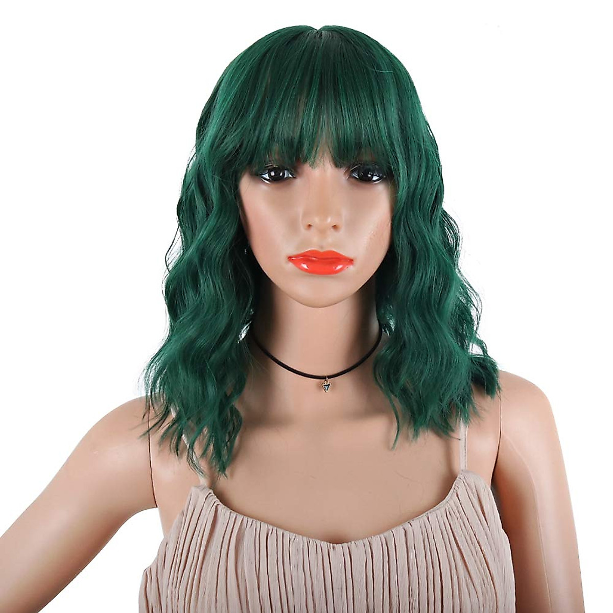 DEYNGS Fashion Short Wavy Wigs With Flat Bangs Natural Black Synthetic Full Wigs For Women None Lace Wigs That Look Real Heat Resistant +Free Wig Cap (Green)