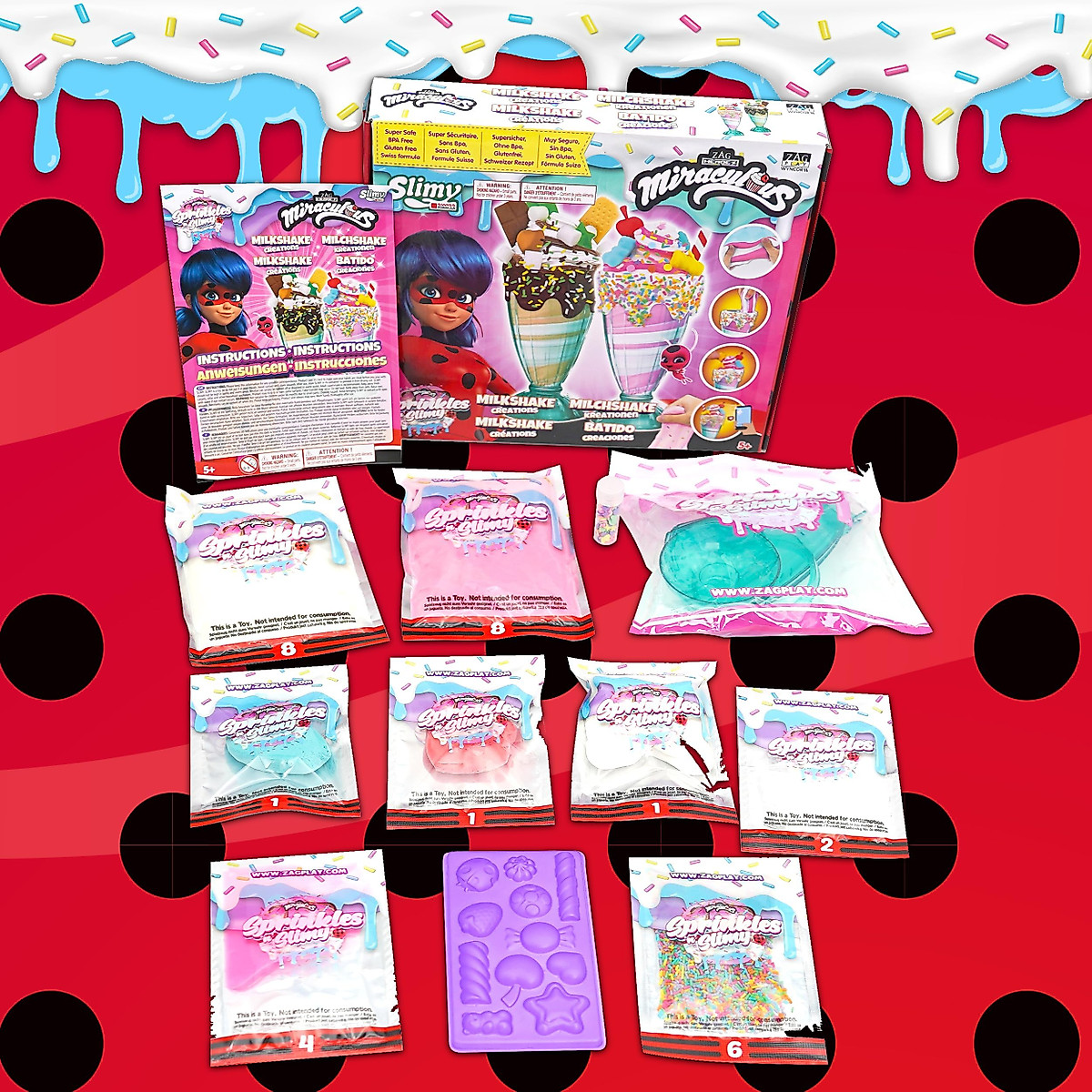 Miraculous Ladybug Sprinkles n' Slimy Kit - DIY Milkshake Slime with Milkshake Cup, Molds, Slime, Topping - Fun and Creative Craft Kit, Role Play Toys for Kids - Safe & Non-Toxic Ingredients
