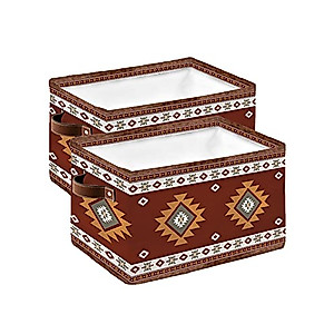 Southwest Boho Cube Storage Organizer Bins with Handles,15x11x9.5 Inch Collapsible Canvas Cloth Fabric Storage Basket,Vintage Brown Abstract Geometry Native American Tribal Books Toys Boxes