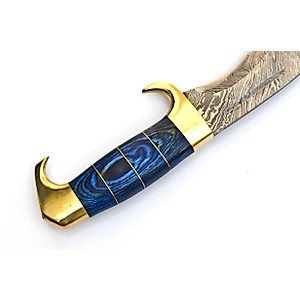 Skokie Knives Custom Hand Made Damascus Steel Hunting Knife Handle Blue Pakka Wood Brass Spacer