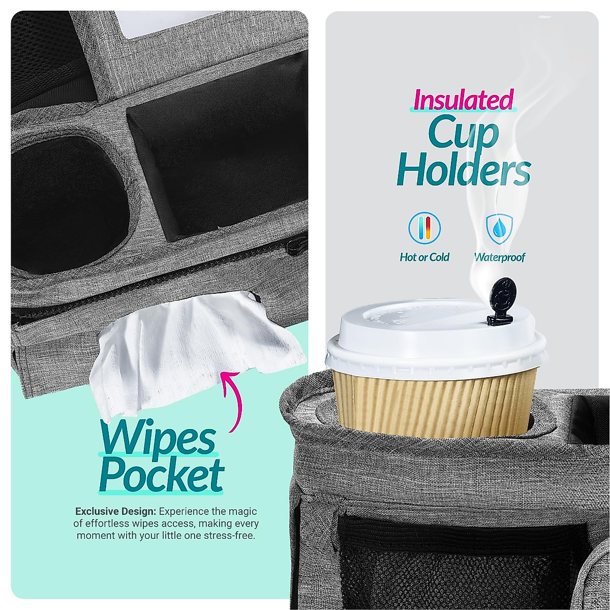 Swanoo Stroller Caddy Stroller Organizer With Cup Holder, Non Slip Straps Stroller Bag for Phone, Pet Stroller Accessories, Universal Fits Uppababby Vista v2 Wonderfold Wagon, Doona and More