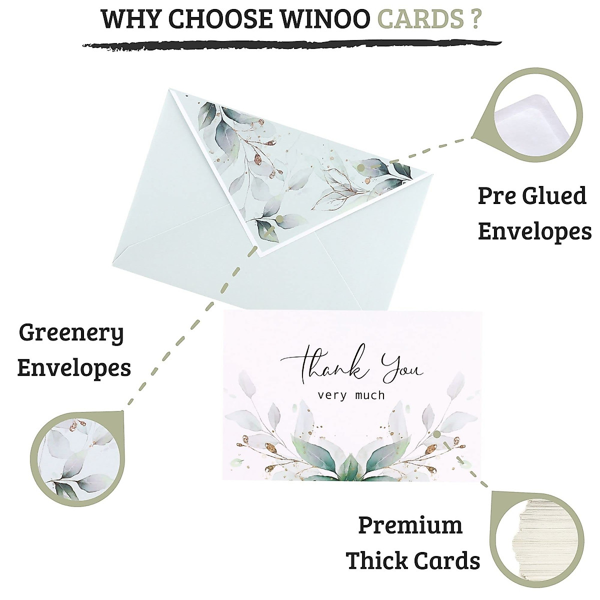 Light Sage Green Thank You Cards with Envelopes,36 PK,Heavy Duty Assorted Thank You Notes 3 Designs Greenery 4x6 Inches Blank Note Cards for Wedding Bridal Shower Baby Shower Business Funeral Sympathy