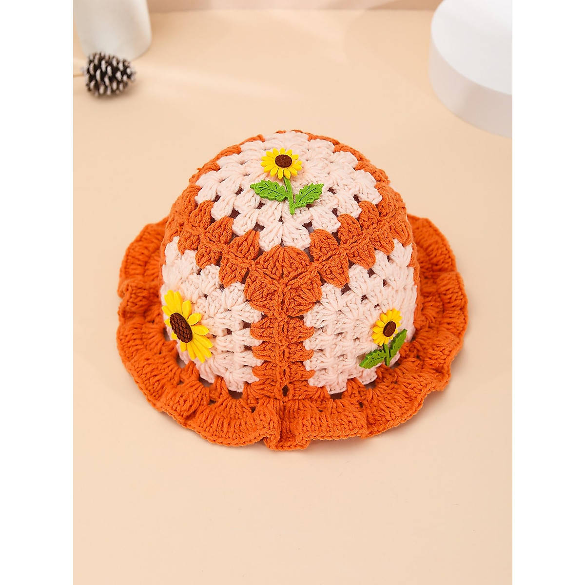 Verdusa Women's Floral Applique Crochet Bucket Hats Knit Caps Orange one-Size