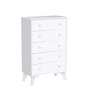 T4TREAM 5 Drawer Dresser for Bedroom, 48" Tall Mid-Century Modern Chest of Drawers, Beveled Profile Design, Wood Drawer Organizer for Bedroom, Living Room, Hallway and Entryway, Solid White