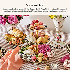MACKENZIE-CHILDS Enamel Three-Tier Sweet Stand, Three-Tiered Serving-Tray Stand, Party Food Display, Black-and-White Courtly Check