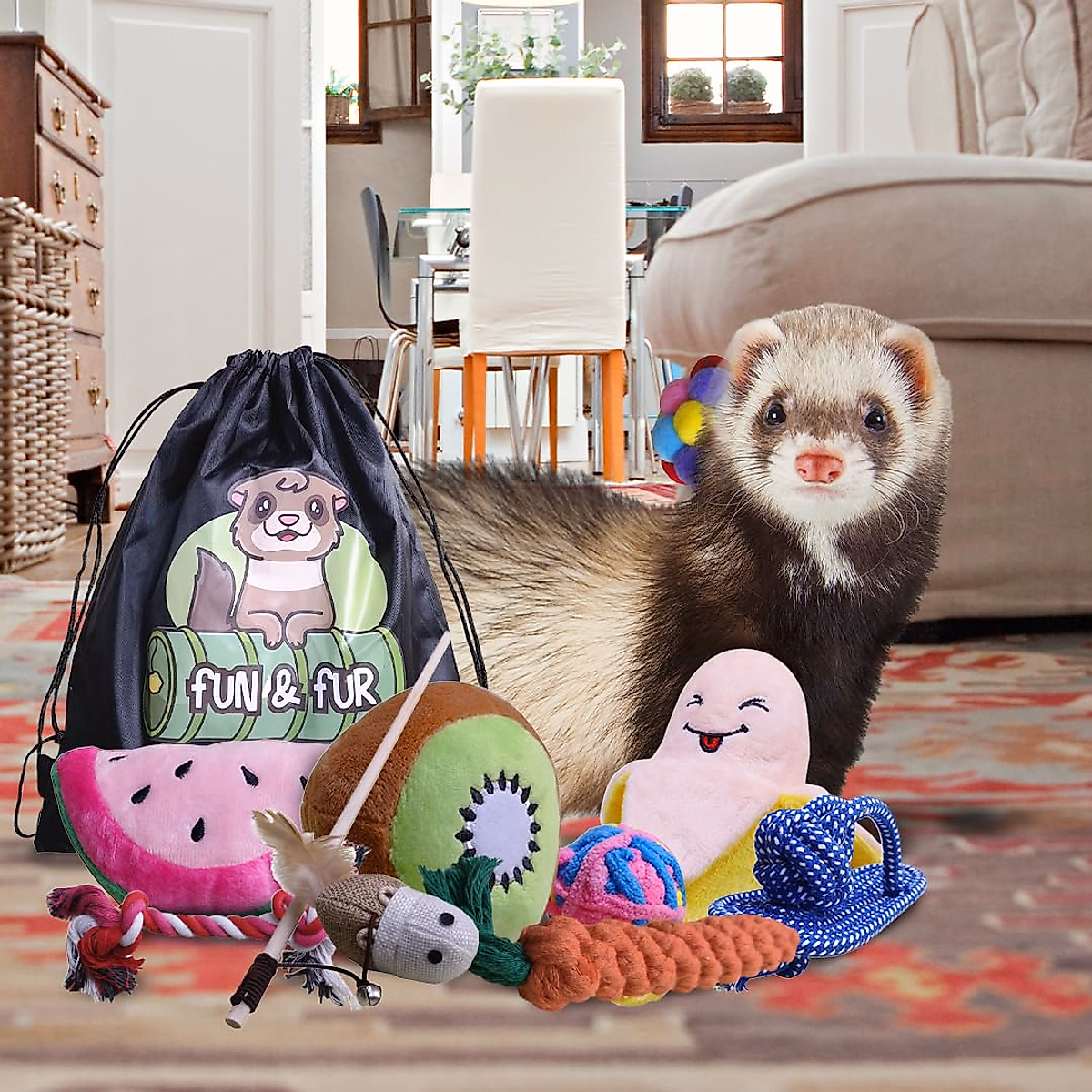 Ferret Toys 9 Pack & Ferret cage Accessories and Travel Pouch - Ferret Accessories, Ferret Tunnel, Ferret Ball - Ferret Bed, Ferret Stuff - Ferret Gifts for Ferret Lovers - Ferret chew Toys & Squeaky