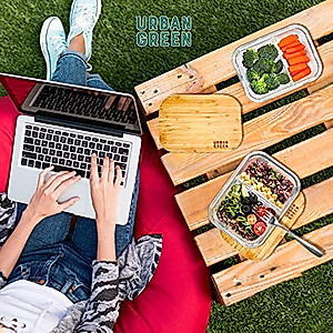 Urban Green Glass Container with Wood Lid, Glass food storage Container with Lids, Glass Meal Prep Containers Set, Glass Containers set (Natural-Bamboo- 3p)