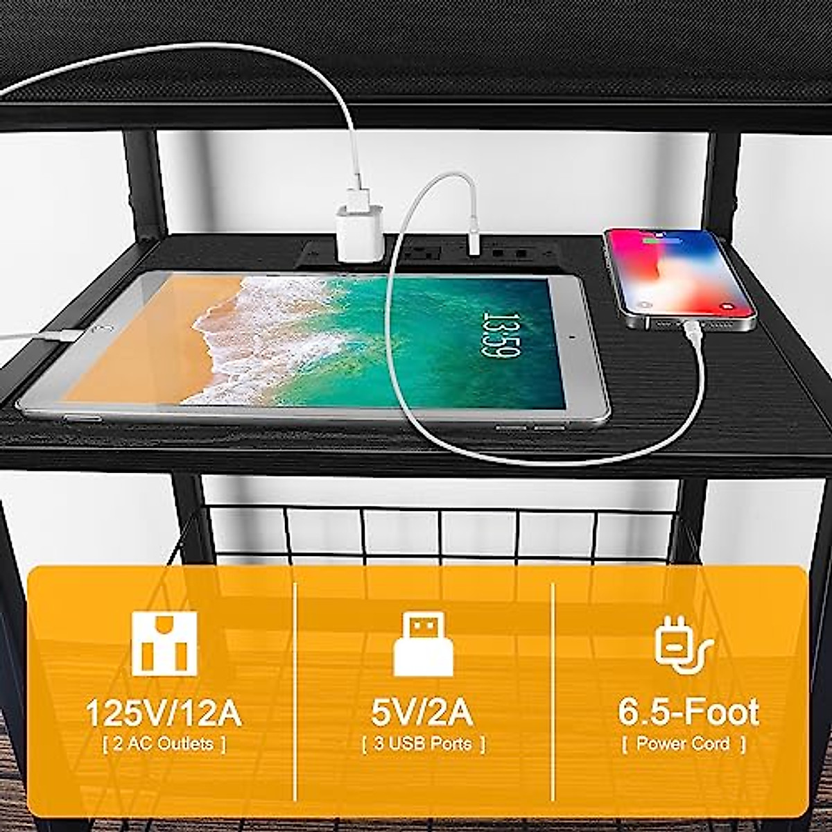 Black Night Stand with Charging Station, Small Bedside Tables with Storage Shelf for Small Spaces, Industrial End Table with Fabric Drawer for Living Room, Bedroom, Office