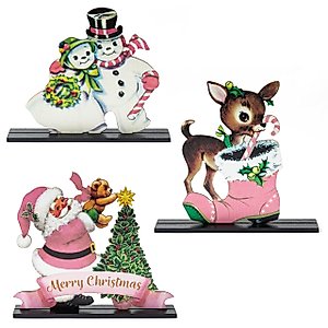 BkeeCten 3pcs Vintage Pink Christmas Theme Wooden Table Topper Centerpiece Decoration Signs, Victorian Style Santa Claus Elk Snowman Detachable Tabletop Sign Decor for Christmas Party Supplies