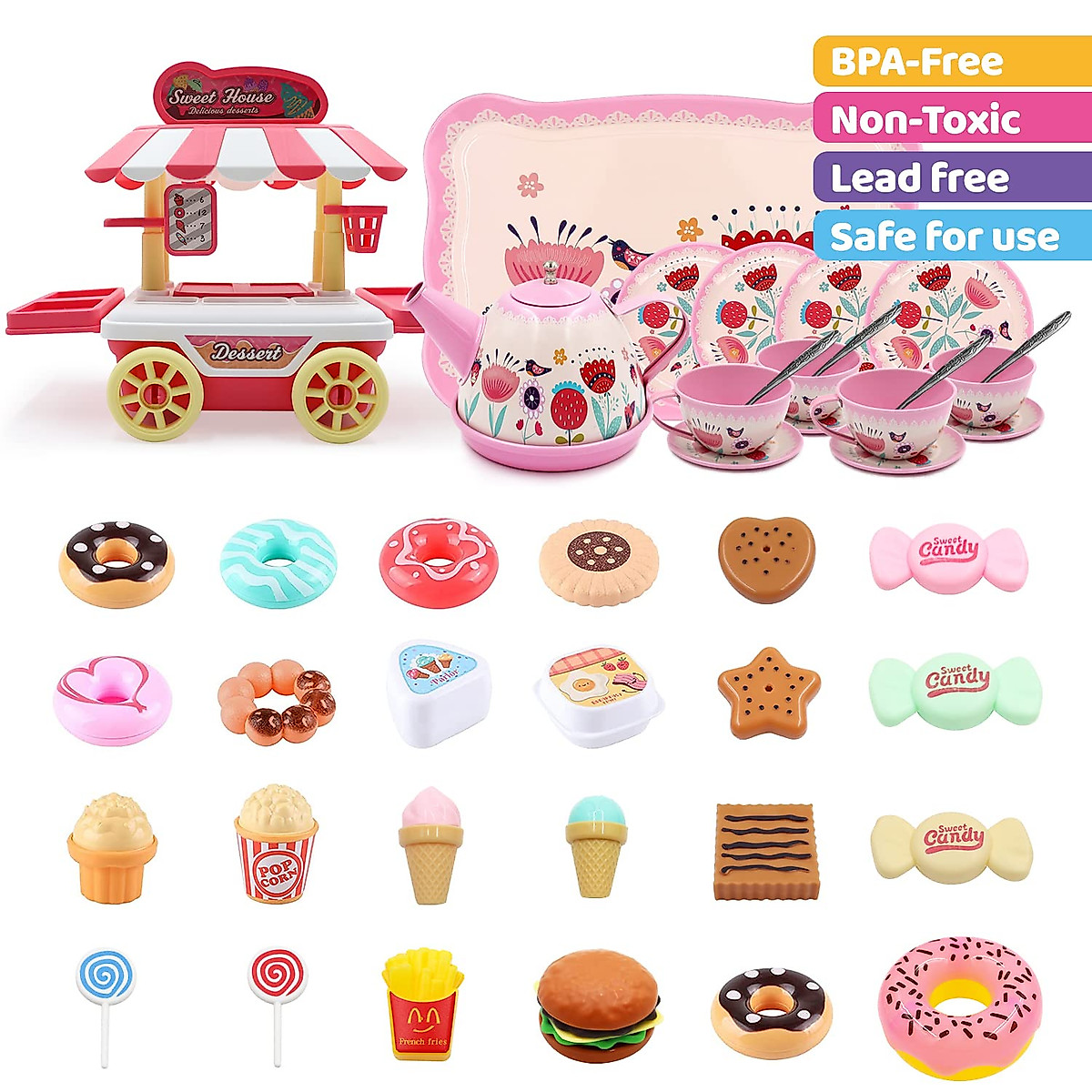 44PCS Tea Set for Little Girls, Kids Pretend Toy Playset, Teapot Dishes Dessert Mini Ice Cream Cart & Carrying Case, Princess Tea Time Kitchen Pretend Play Toys Gift for Toddlers Girls Age 3-8