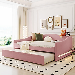 Jintop Teddy Fleece Full Size Upholstered Daybed with LED Light and Trundle,Modern Wood Platform Bed W/Side Stripes,Easy Assembly,for Bedroom,Living Room,Guestroom,Pink