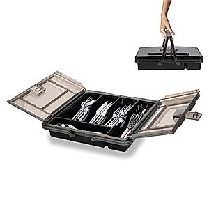 SUICGYU Portable Silverware Organizer with Lid & Handles,Utensil Holder for Countertop,Plastic Cutlery Tray for drawer,Gray,Black