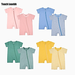Teach Leanbh Baby Boys or Girls 2 Pack Pajamas Cotton Short Sleeve Zipper Romper Jumpsuits Sleep and Play 3-24 Months (Green, 18-24 Months)